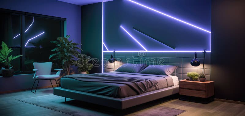 Modern Bedroom with Neon Lighting and Minimalist Decor Stock ...