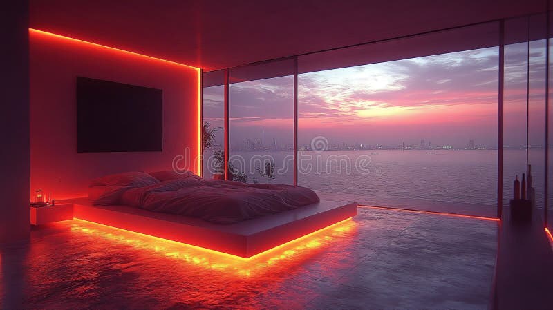Modern Bedroom with Ocean View, Vibrant Red Lighting Stock Illustration ...