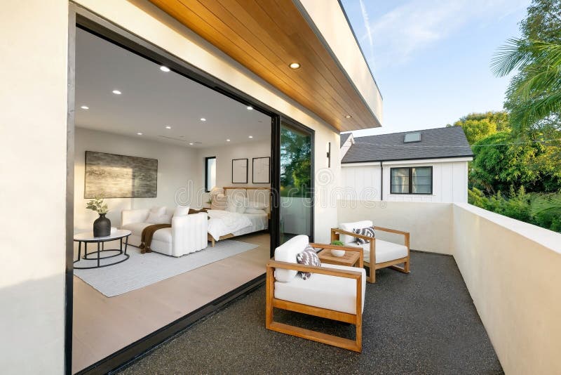 Modern Bedroom with Open Balcony and Greenery. Stock Photo - Image of ...
