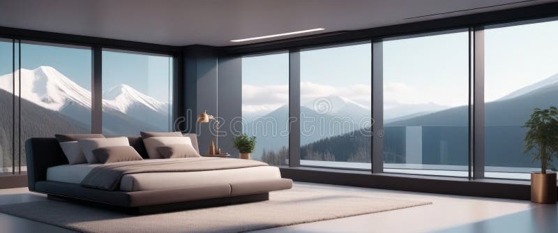 Modern Bedroom with Panoramic Mountain View and Minimalist Design Stock ...
