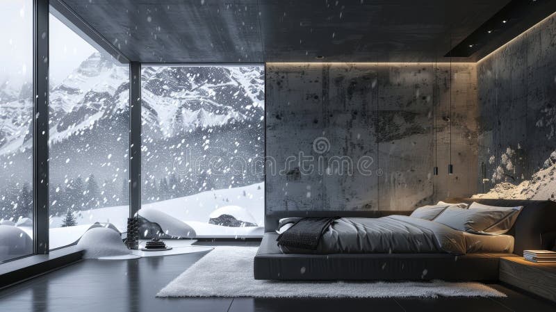 Modern Bedroom with Panoramic Window View of Snow Falling in Mountains ...
