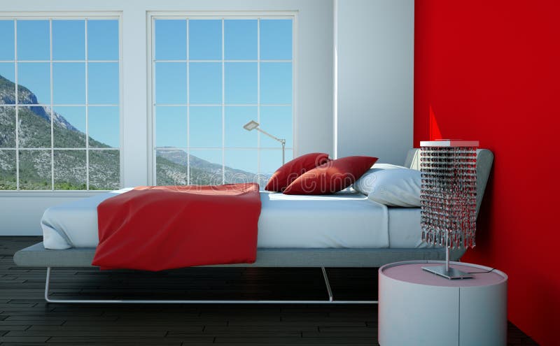 Modern Bedroom with Red Wall and Modern Decor Stock Illustration ...