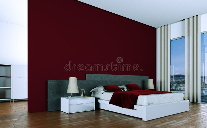 Modern Bedroom with Red Wall and Modern Decor Stock Illustration ...