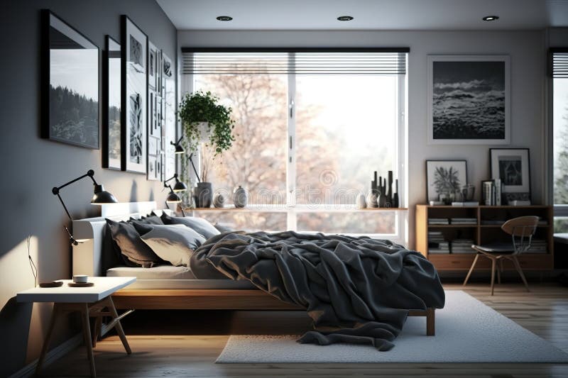Modern bedroom, render 3d stock illustration. Illustration of interior ...