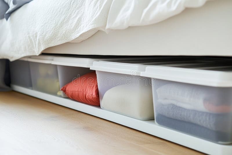 A Modern Bedroom Setup Featuring a White Bed Frame with Plastic Drawers ...