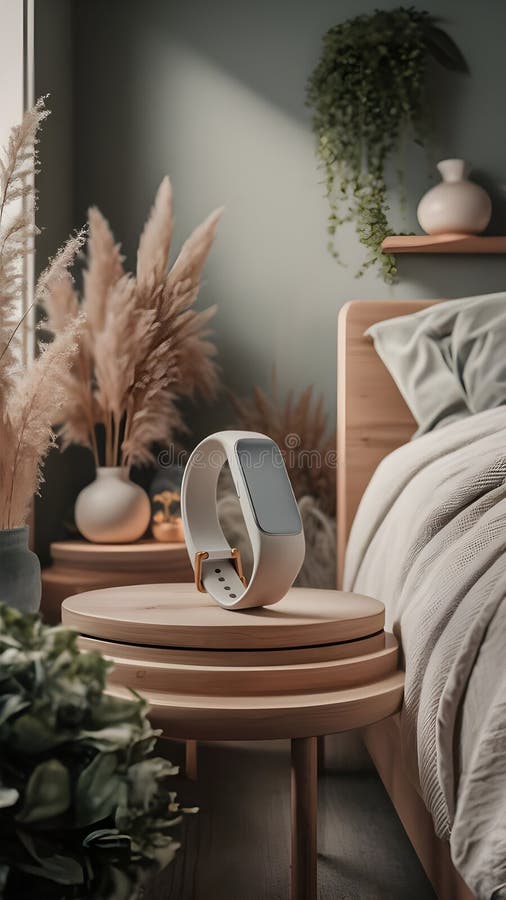 A Modern Bedroom with a Smart Sleep Tracker on the Bedside Table Stock ...