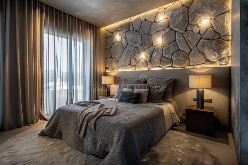 Modern Bedroom with Stone Accent Wall, Soft Lighting, and Floor-to ...