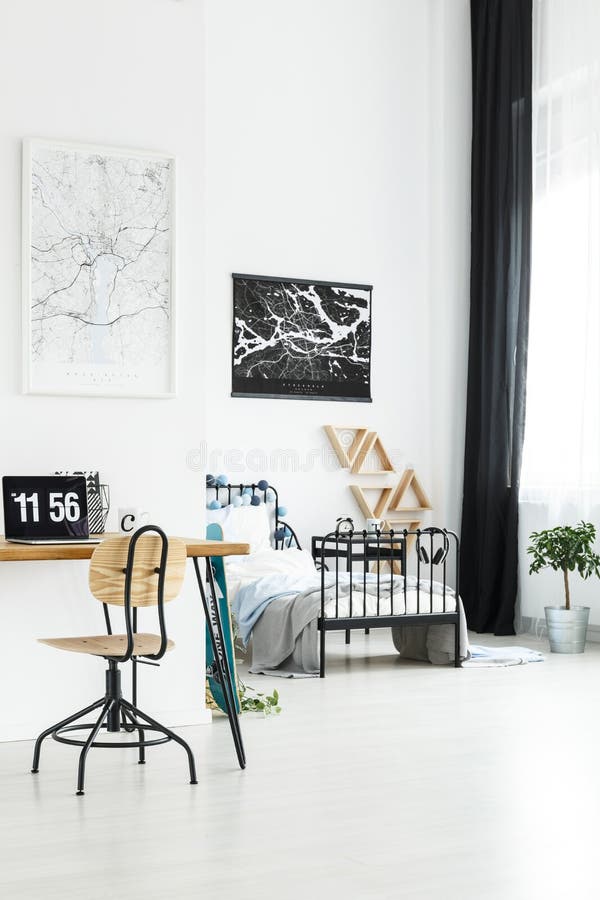 Modern Bedroom with Study Space Stock Image - Image of plant ...