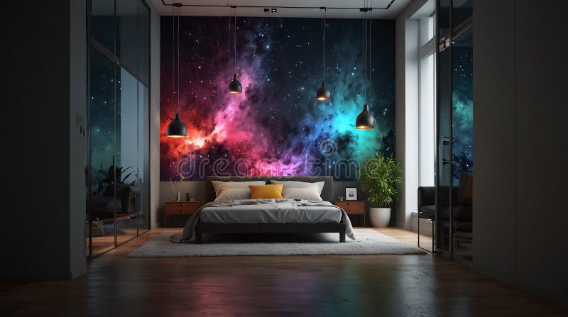 Modern Bedroom with a Stunning Galaxy-themed Wall Mural and Stylish ...