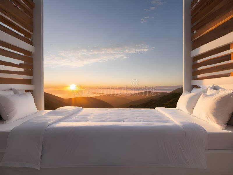 Modern Bedroom with Sunrise in the Mountains Stock Illustration ...