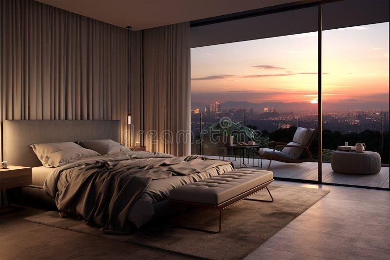 Modern Bedroom at Sunset Luxury Wide Windows and View Generated by AI Stock Illustration ...