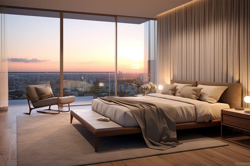 Modern Bedroom at Sunset Luxury Wide Windows and View Generated by AI ...