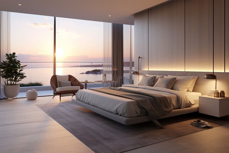 Modern Bedroom at Sunset Luxury Wide Windows and View Generated by AI ...