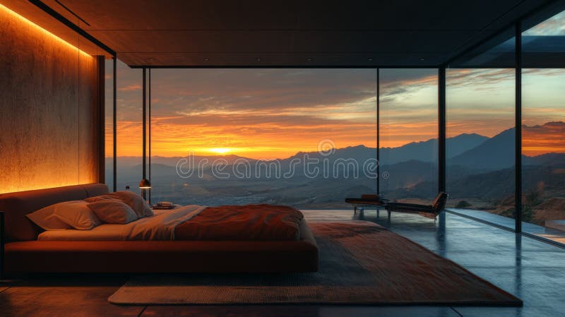 Modern Bedroom with Sunset View from Floor-to-Ceiling Windows Stock ...
