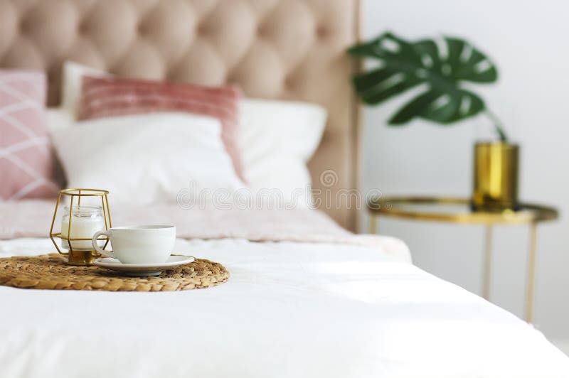 Modern Bedroom with Table Side and Pillows on the Bed Stock Image ...