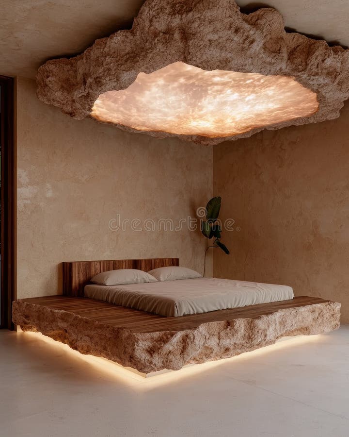 Modern Bedroom with Unique Stone Bed and Illuminated Ceiling Stock ...