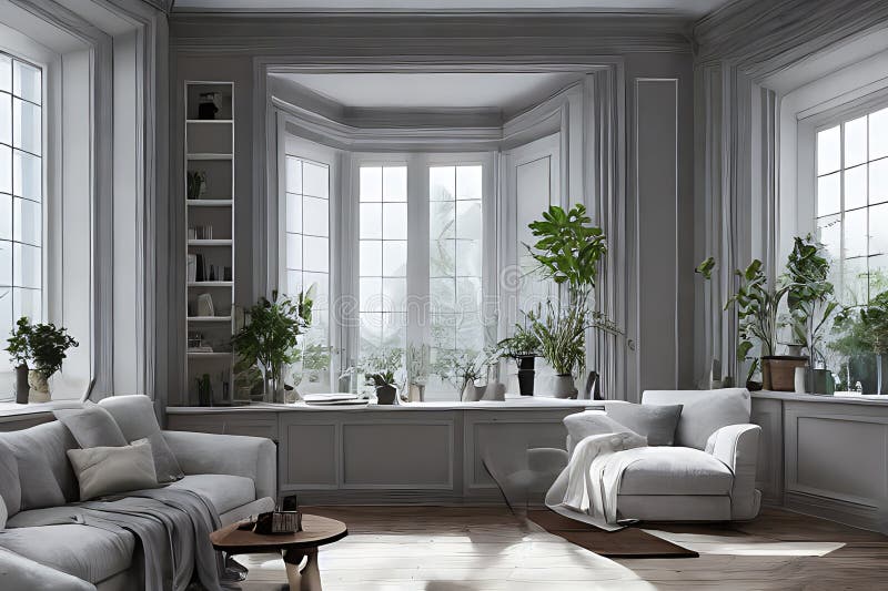 Modern Bedroom with White Background and Plants Big Windows and Seating ...