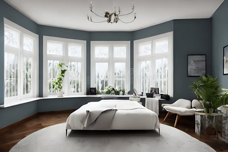 Modern Bedroom with White Background and Plants Big Windows and Seating ...