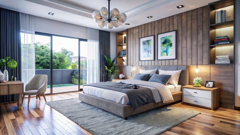 Modern Bedroom with Wood Wall, Large Bed, and Patio Doors Stock Photo ...