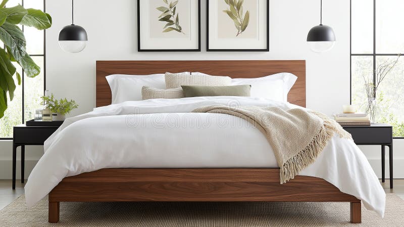 Modern Bedroom with Wooden Bed Frame and Minimalist Decor Stock Image ...