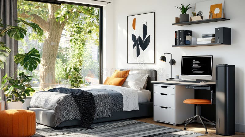Modern Bedroom Workspace with Plants and Stylish Decor, Featuring ...