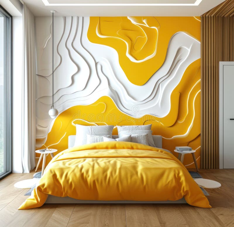 A Modern Bedroom with Yellow and White Abstract Designs Stock Photo ...
