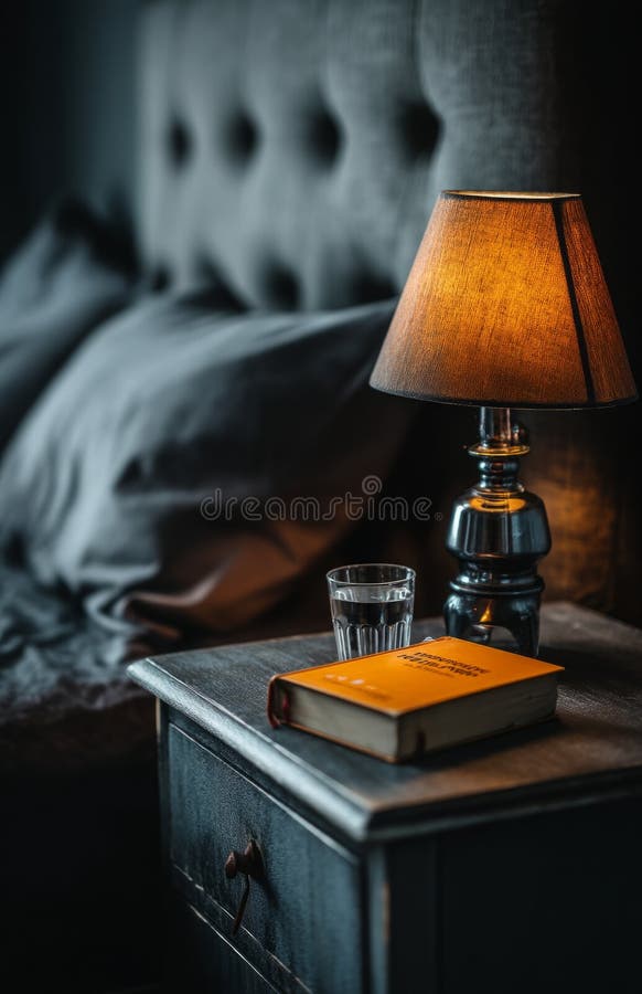 Modern Bedside Table with Lamp, Book, and Glass of Water in Bedroom ...