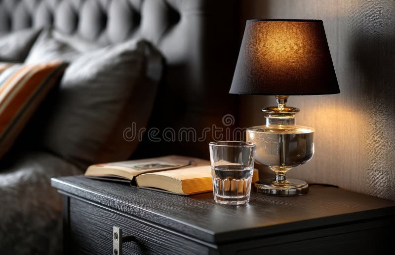 Modern Bedside Table with Lamp, Book, and Glass of Water in Bedroom ...