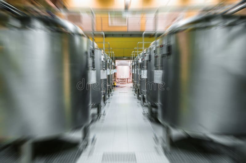 Modern Beer Factory. Rows of Steel Tanks for the Storage Beer. Stock ...