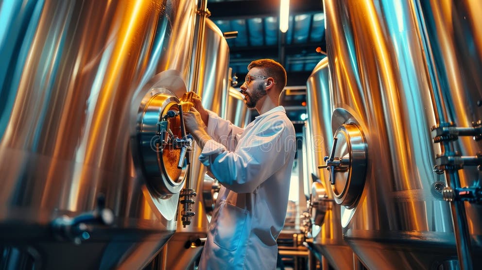 Modern Beer Lab Technicians Analyzing Samples in Stainless Steel ...