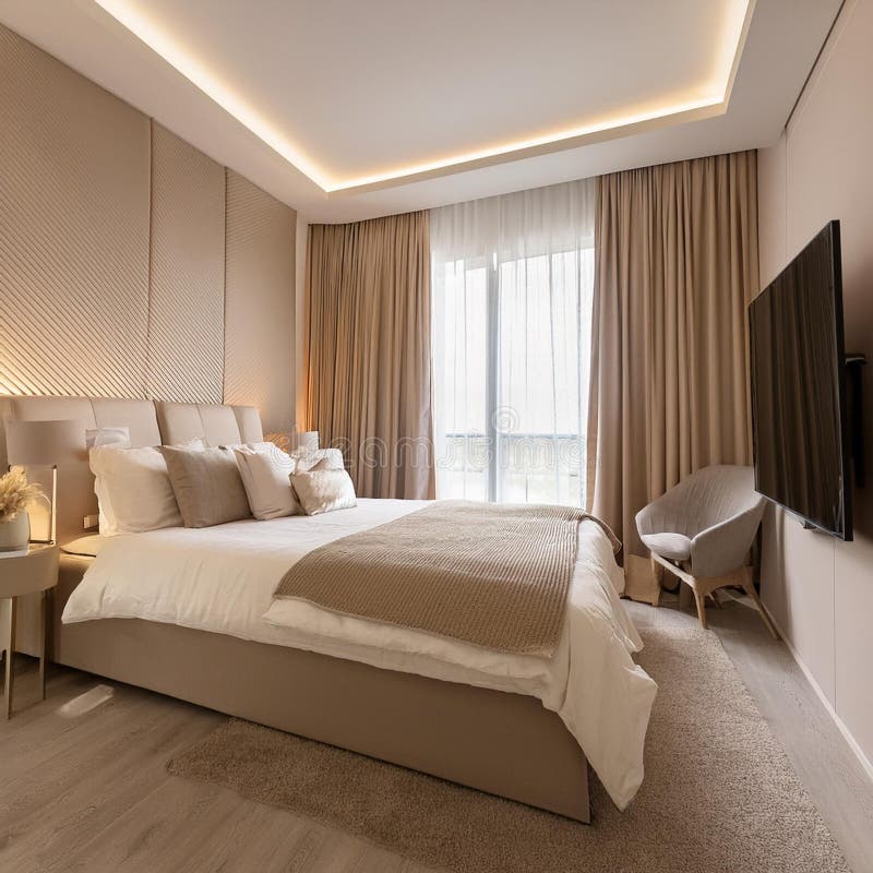 Modern Beige Bedroom Design Stock Illustration - Illustration of ...
