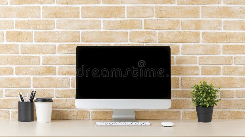 Modern Beige Brick Wall Workspace with Desktop Computer Stock ...