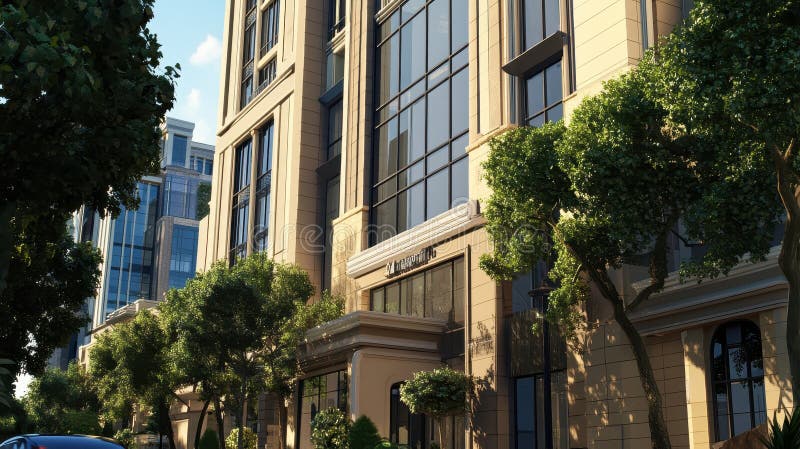 Modern Beige Building with Large Windows and Greenery Stock ...