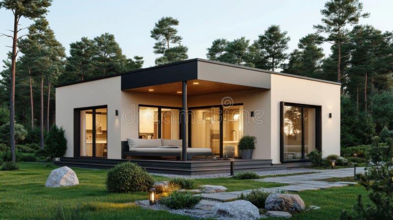 Modern Beige House with Black Accents at Dusk Stock Illustration ...