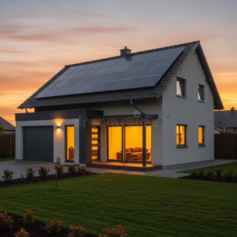 Modern Beige House with Solar Panels at Sunset Stock Illustration ...
