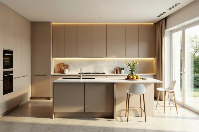 Modern Beige Kitchen with Central Island, Bright Recessed Lighting ...