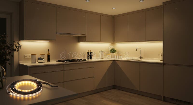 Modern Beige Kitchen with Warm LED Under Cabinet Lighting Stock Photo ...