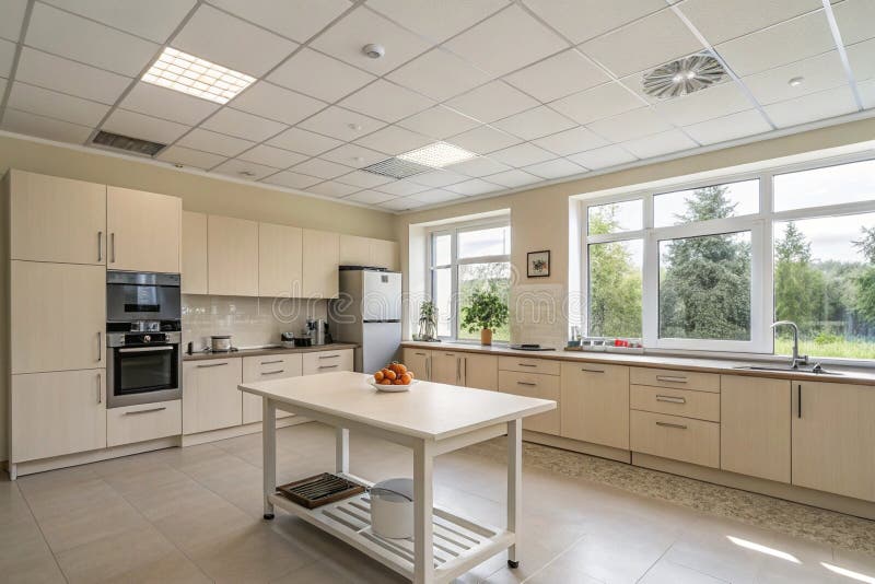Modern Beige Kitchen with Work Table and Large Window Stock ...
