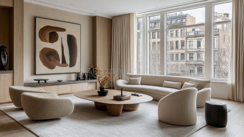 Modern Beige Living Room with Abstract Artwork Stock Illustration ...