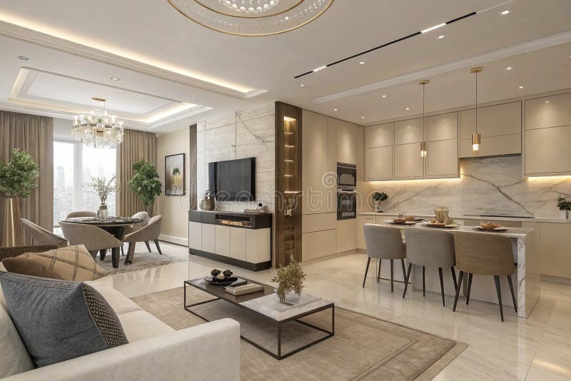 Modern Beige Living Room with Kitchen and Dining Area Stock ...