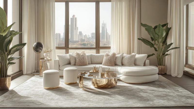 Modern Beige Living Room with Sectional Sofa and City View Stock ...