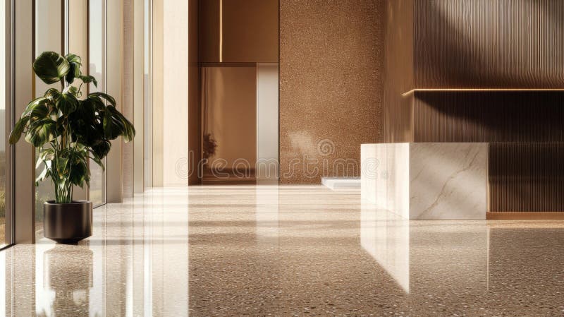 Modern Beige Lobby Interior with Stone Walls and Bright Sunlight Stock ...