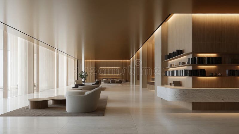 Modern Beige Lobby Interior with Wood and Stone Stock Illustration ...