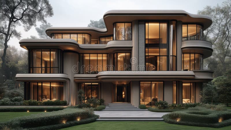 Modern Beige Luxury House with Geometric Design and Large Windows at ...