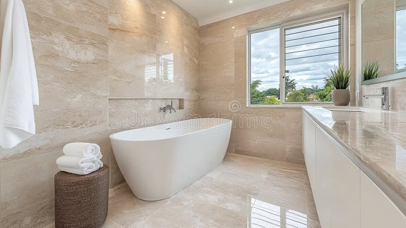 Modern Beige Marble Bathroom with Freestanding Tub, Window View, and ...