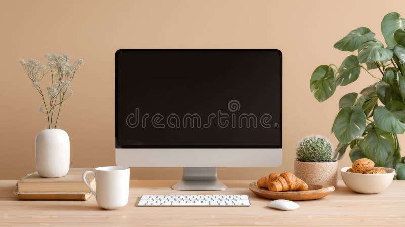 Modern Beige Minimalist Home Workspace with Plants Stock Illustration ...