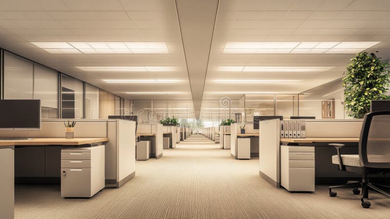 Modern Beige Office Interior with Rows of Cubicles Stock Illustration ...