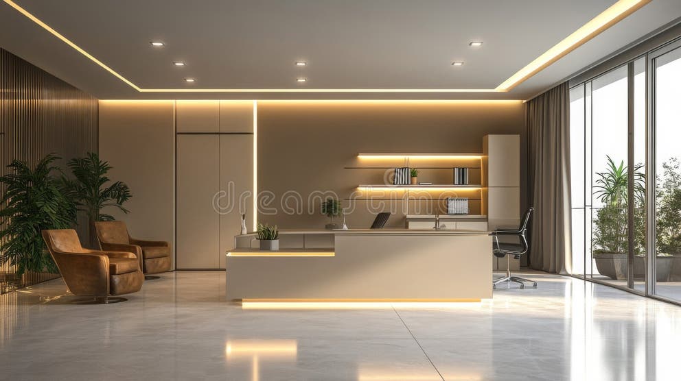 Modern Beige Office Reception Area with Minimalist Design Stock ...