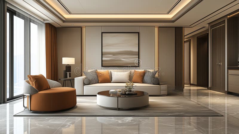 Modern Beige and Orange Living Room Interior Stock Image - Image of ...