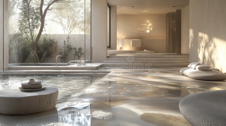 Modern Beige Spa Bathroom Interior with Water Feature Stock ...
